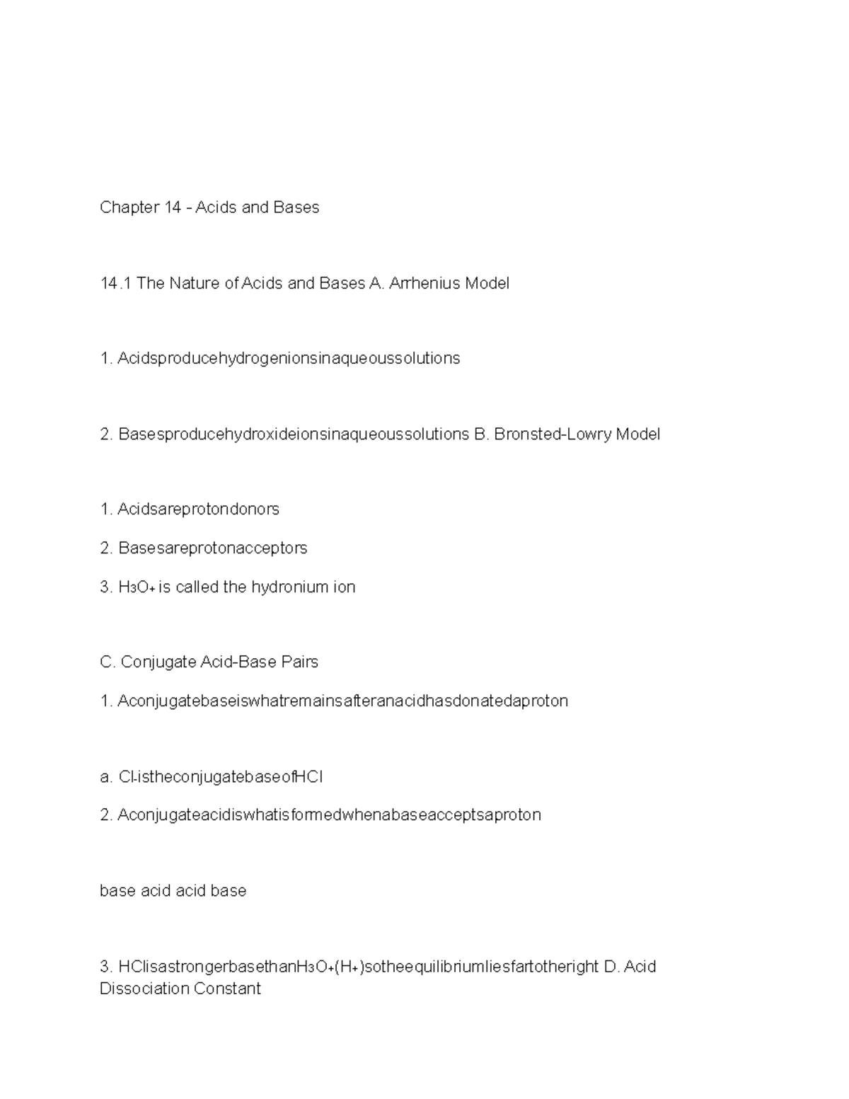Chem 14 - notes - Chapter 14 - Acids and Bases 14 The Nature of Acids ...