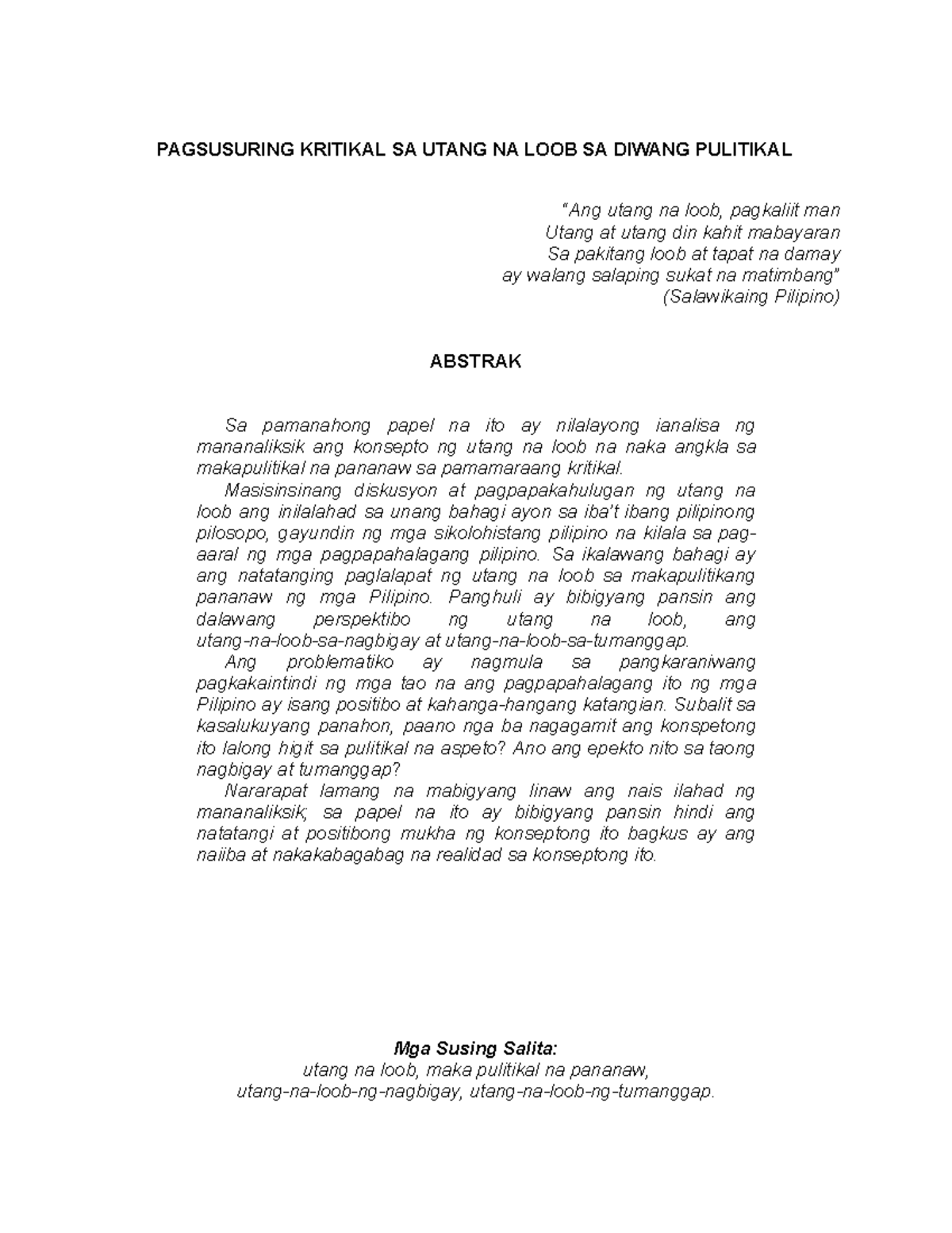 Pagsusuring Kritikal SA Utang NA LOOB SA Diwang Pulitikal - PAGSUSURING ...