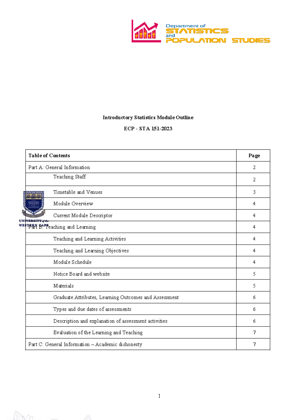 STA 151 Course Outline 2023 - Introductory Statistics Module Outline ...