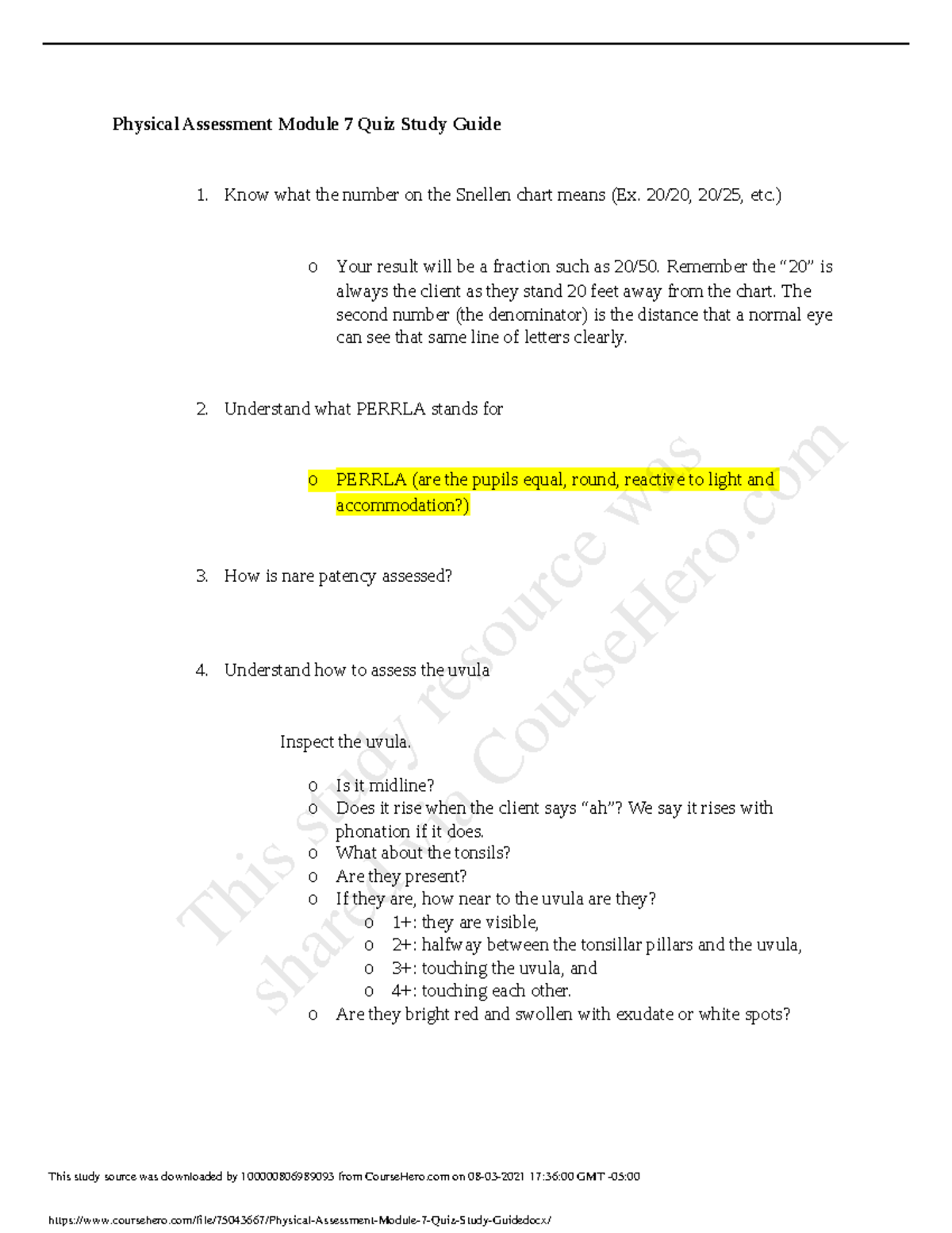 Physical Assessment Module 7 Quiz Study Guide - PHT 1000 - Studocu
