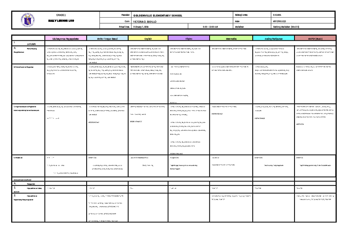 Daily Lesson Log for Grade 2 for the school year 2023 - 2024. This will ...