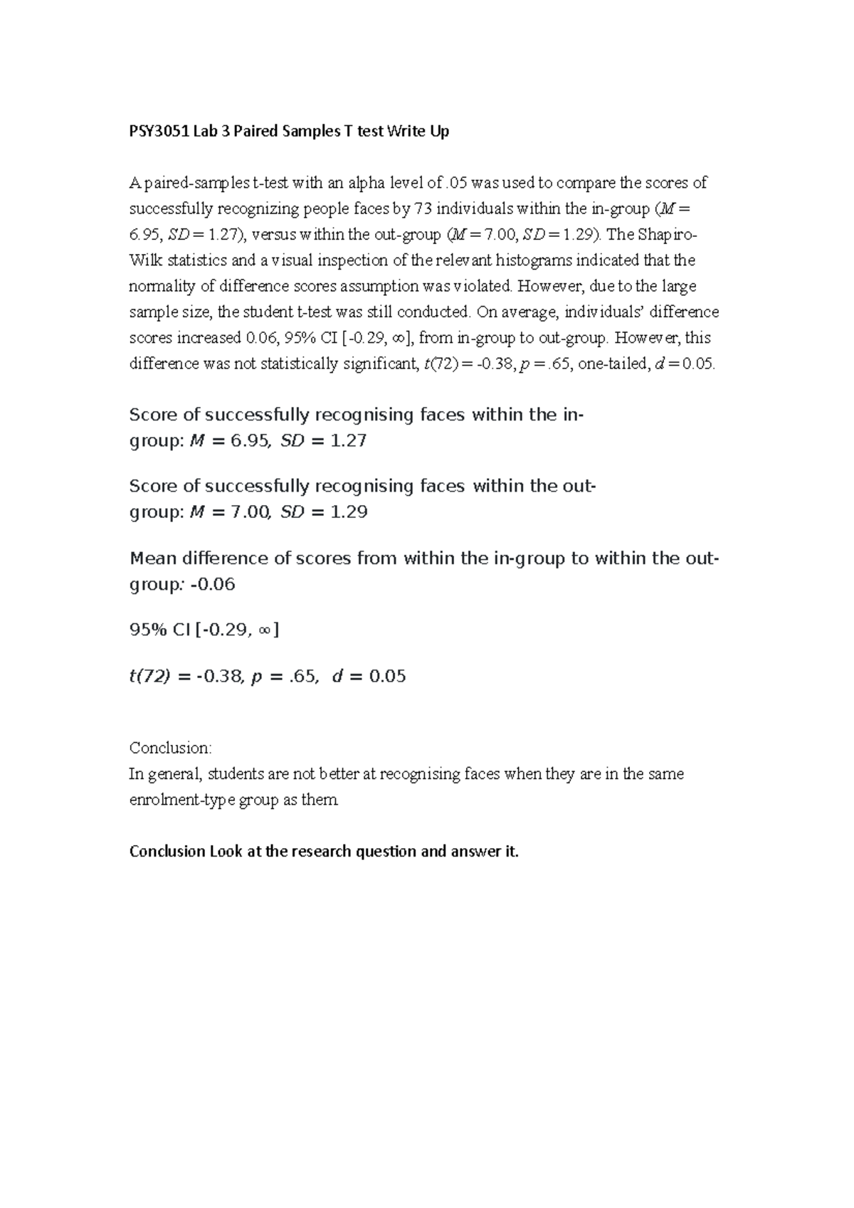 PSY3051 Lab 3 Paired Samples T test Write Up - 05 was used to compare ...