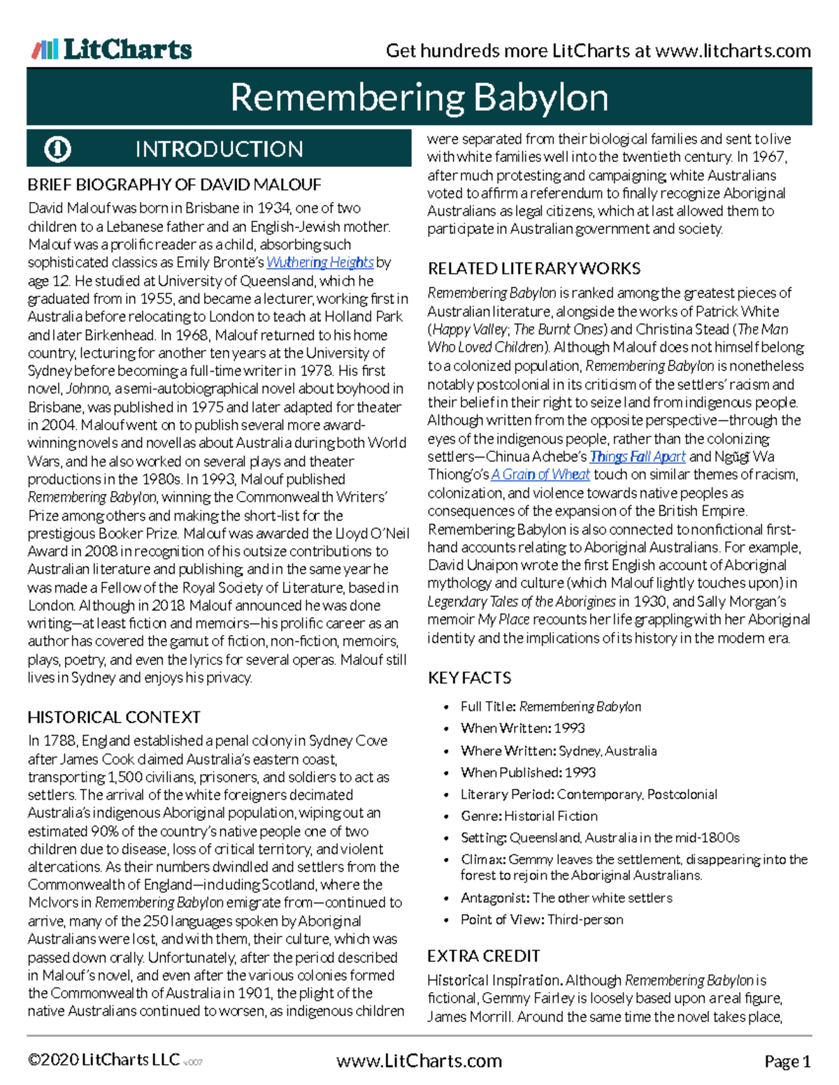 Remembering-Babylon-Lit Chart - Remembering Babylon BRIEF BIOGRAPHY OF DAVID MALOUF David Malouf ...