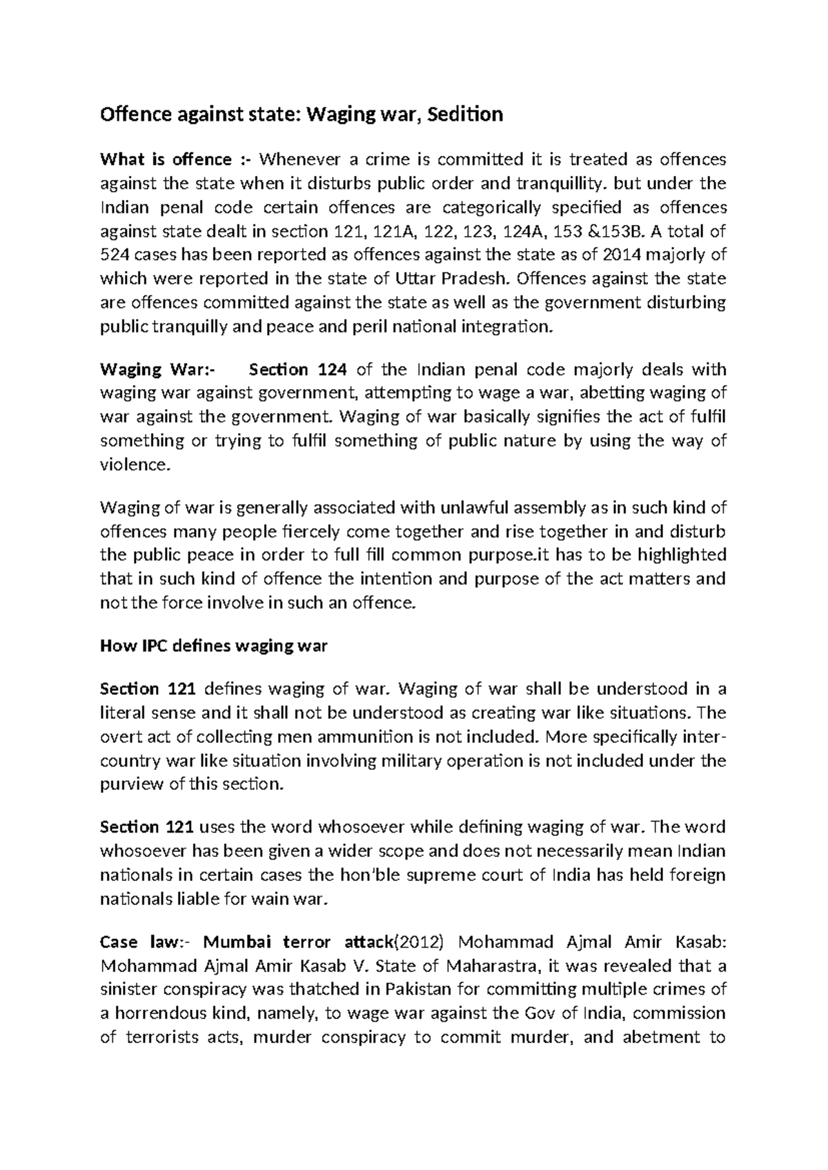 Offence against state - Summary Integrated B.A.LLB,5Years - Offence ...