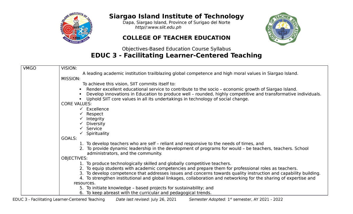 Syllabus-EDUC. 3 Facilitating Learner - Centered Teaching (Jevema Grace ...