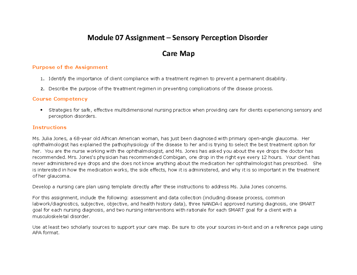 NUR 2356 Module 07 Assignment 1220 - Module 07 Assignment – Sensory Perception Disorder Care Map ...