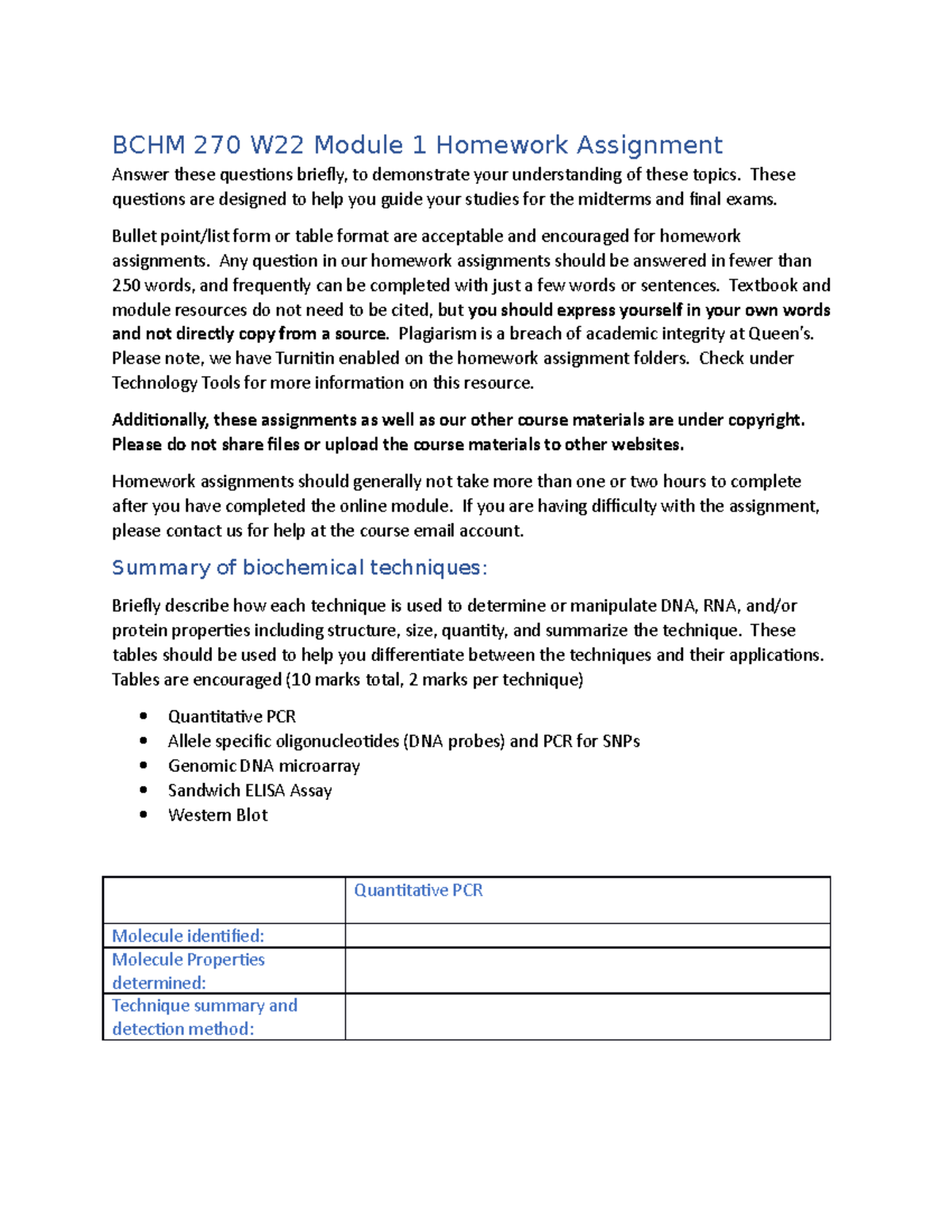 BCHM270 W23 Module 1 Homework Assignment - BCHM 270 W22 Module 1 ...