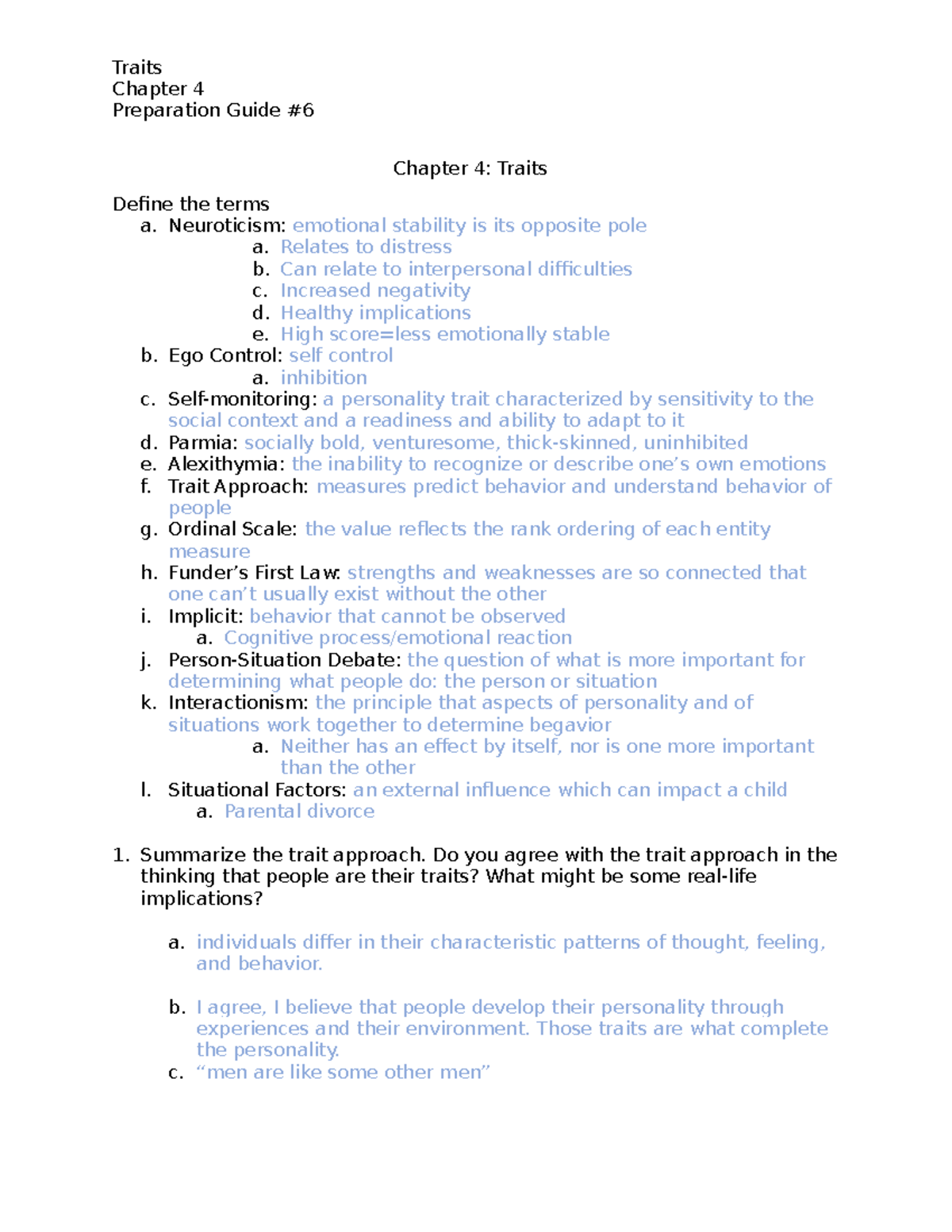 Prep guide 5 - trait approach - Traits Chapter 4 Preparation Guide # Chapter 4: Traits Define ...