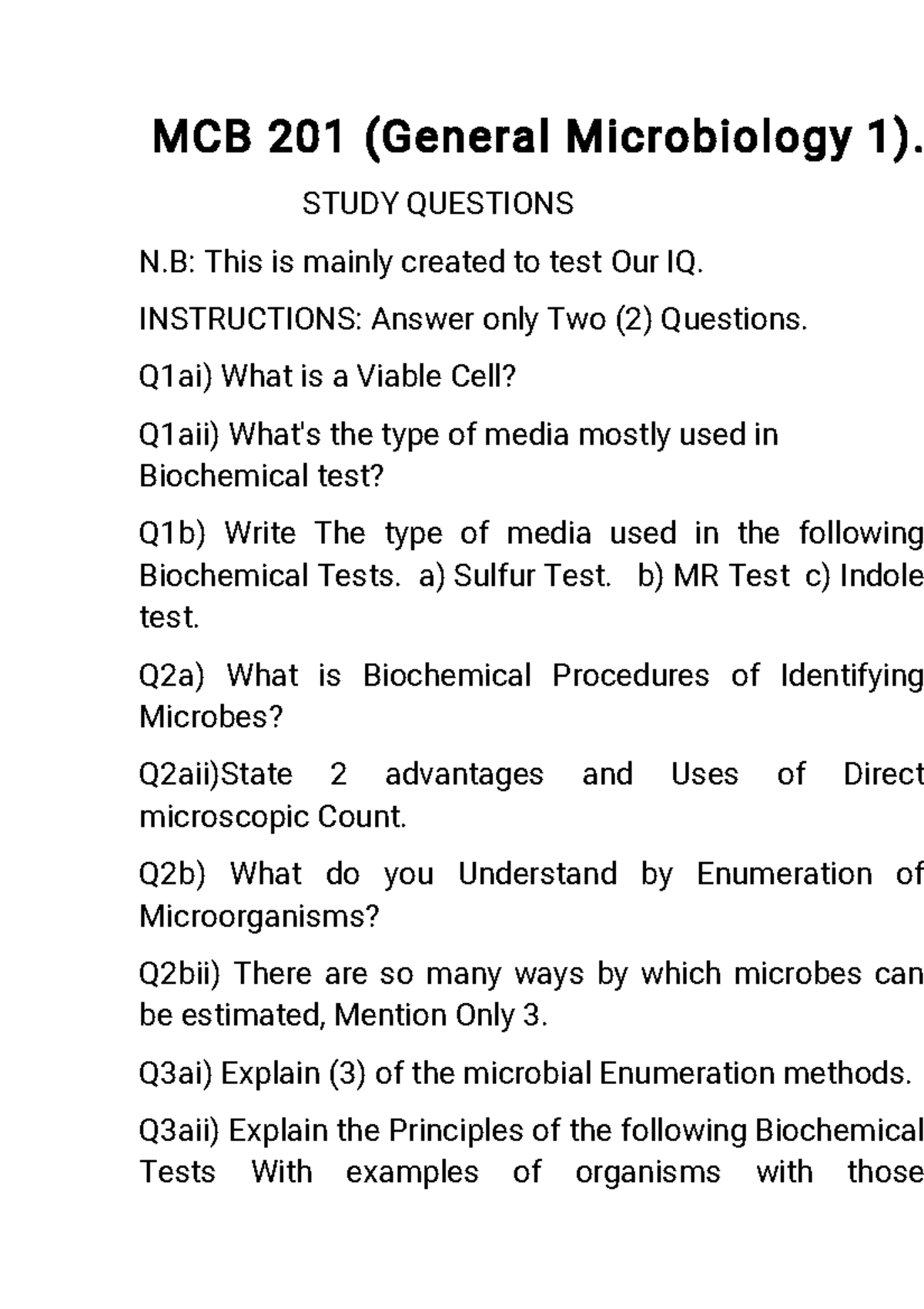 Mcb 201 study questions - Copy - MCB2 0 1(GeneralMicrobiology1 ...