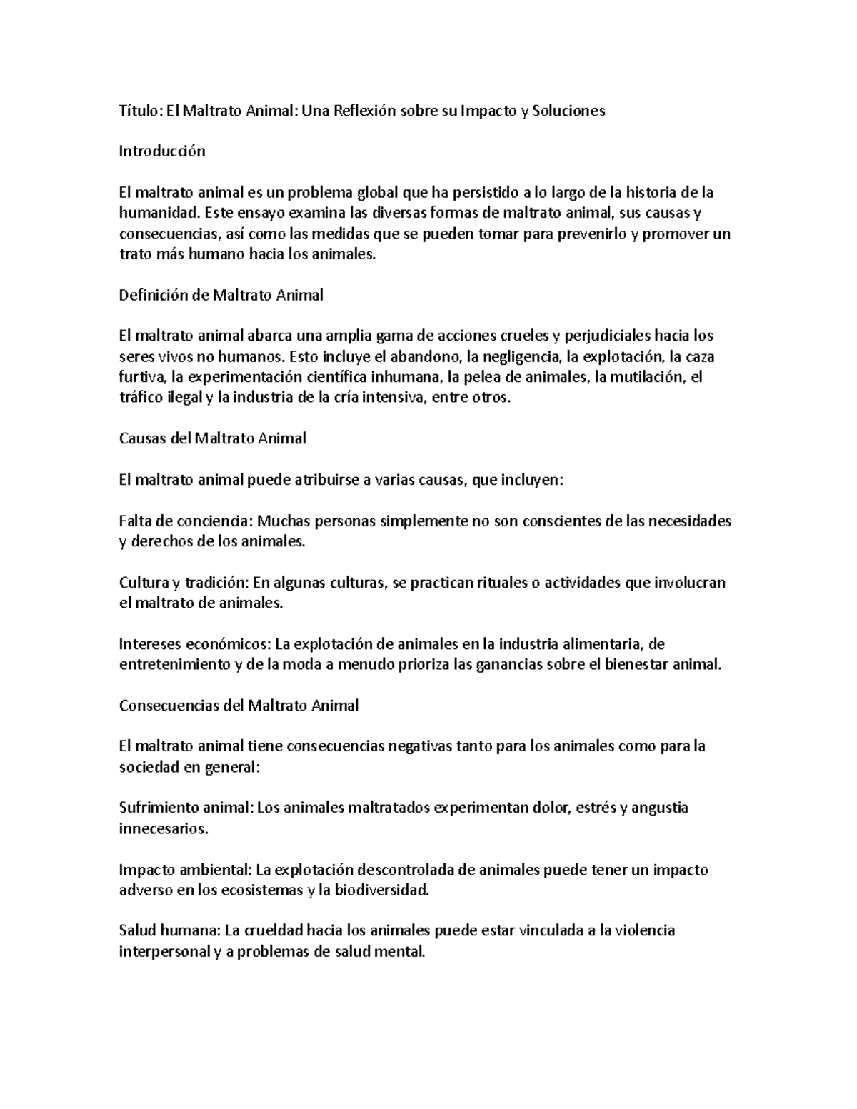 Ensayo maltrato animal - Título: El Maltrato Animal: Una Reflexión ...