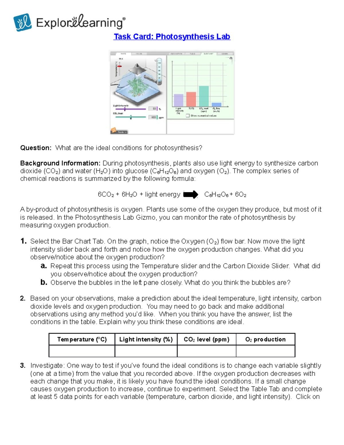 Explore Learning LM 1594931107101 - Task Card: Photosynthesis Lab ...