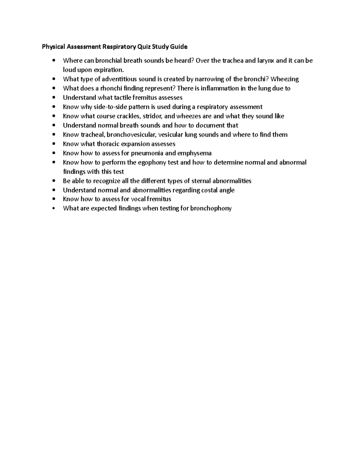 Respiratory Quiz Review - Physical Assessment Respiratory Quiz Study ...