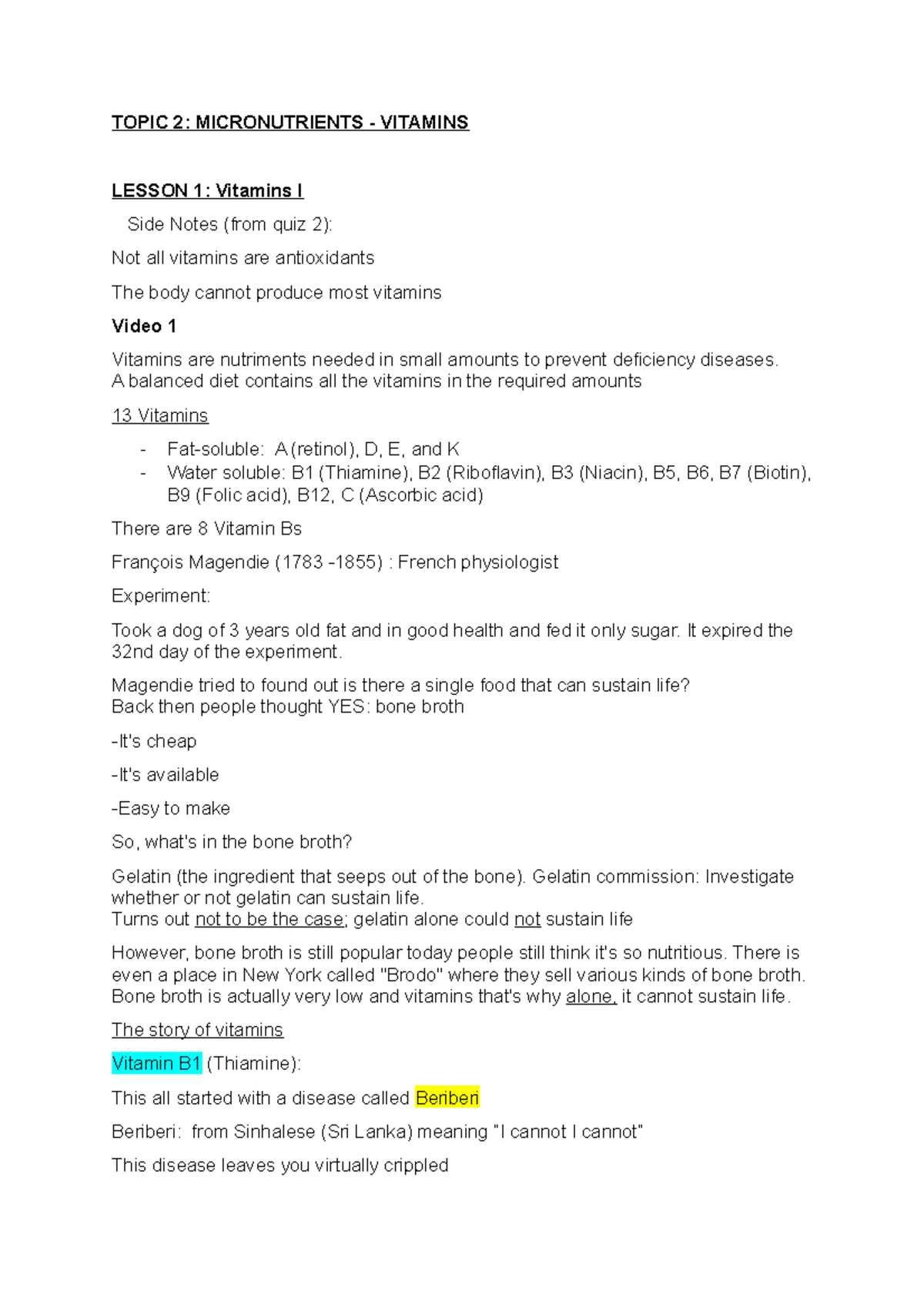 Topic 2 - Lecture notes 2 - TOPIC 2: MICRONUTRIENTS - VITAMINS LESSON 1 ...