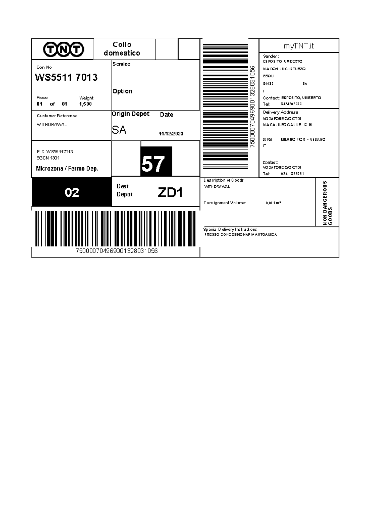 TNT Label - Riassunto capitoli - 01 of 01 Con No WS5511 7013 Piece ...