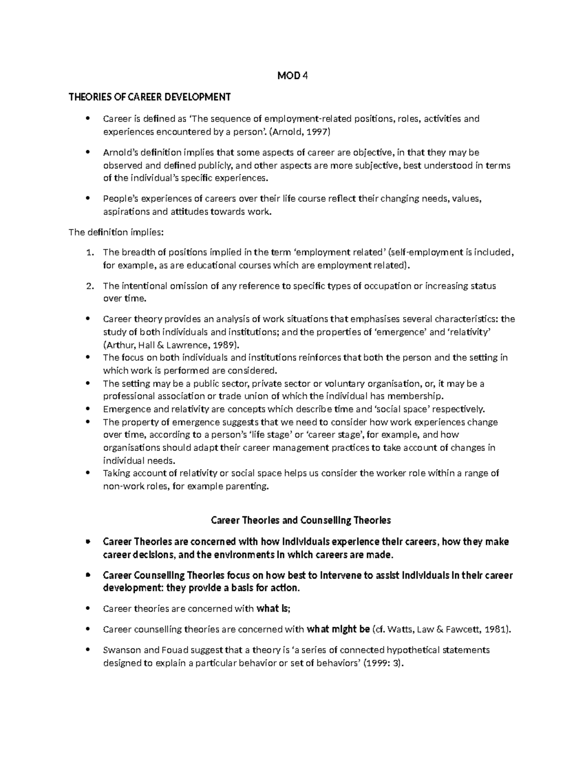 MOD 4 - module 4 theories - MOD 4 THEORIES OF CAREER DEVELOPMENT Career ...