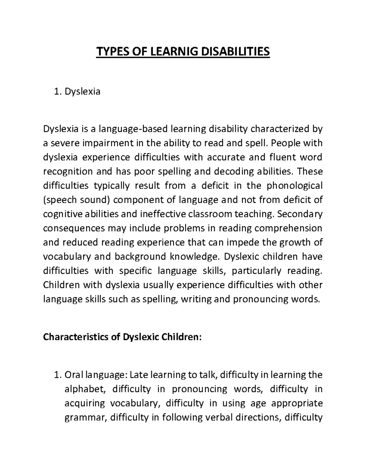 Types OF Learnig Disabilities - TYPES OF LEARNIG DISABILITIES Dyslexia ...