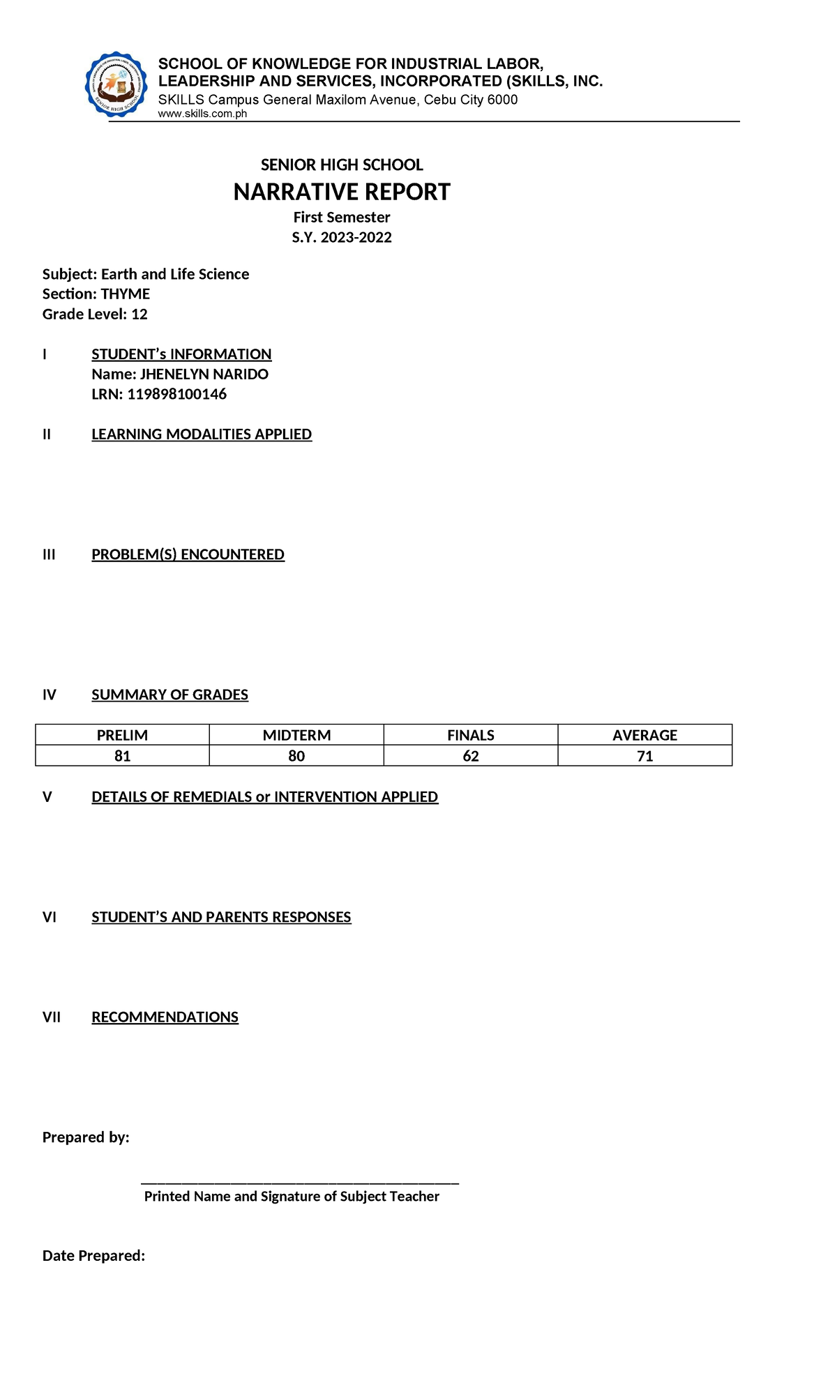 9 Narrative Report - SCHOOL OF KNOWLEDGE FOR INDUSTRIAL LABOR ...