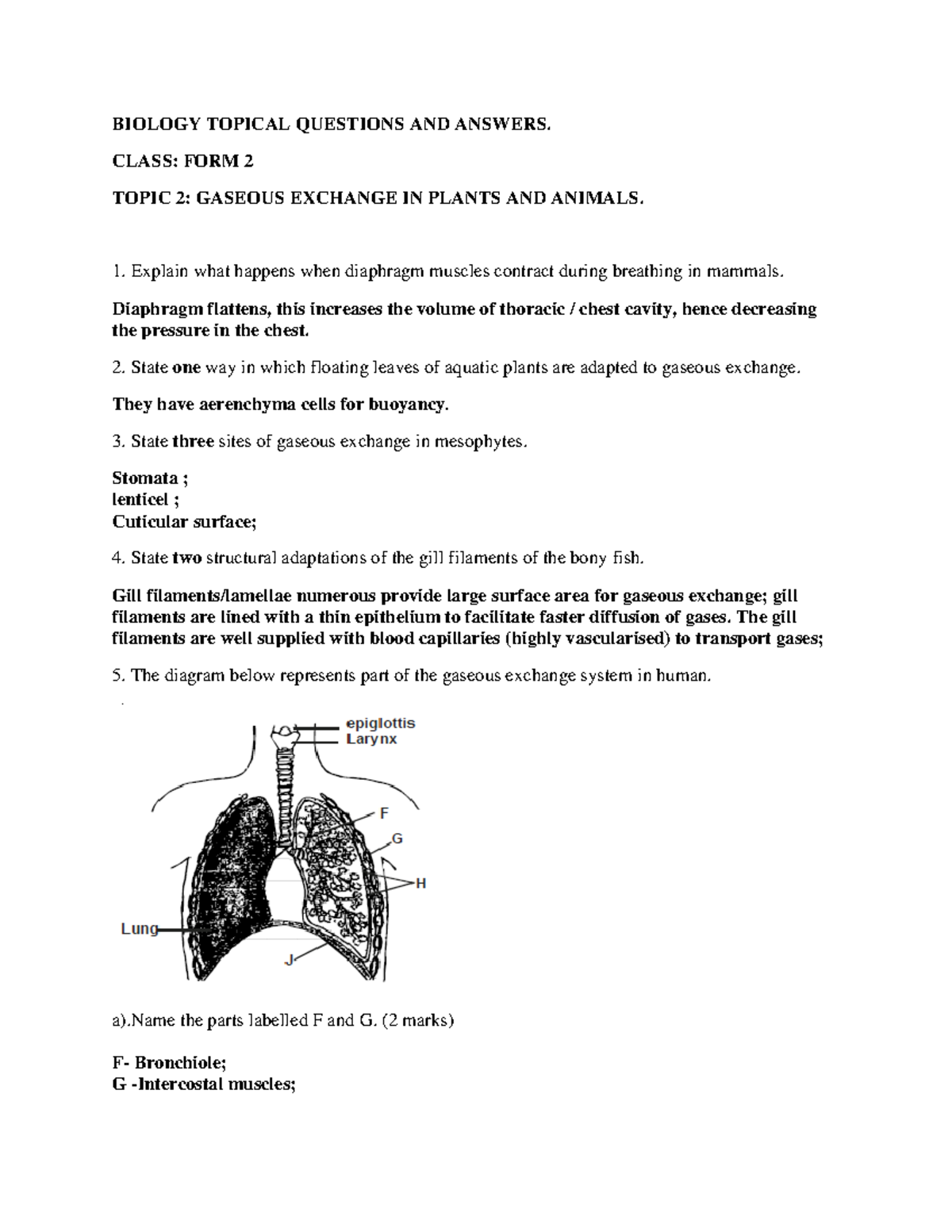 form 2 biology quiz - BIOLOGY TOPICAL QUESTIONS AND ANSWERS. CLASS ...