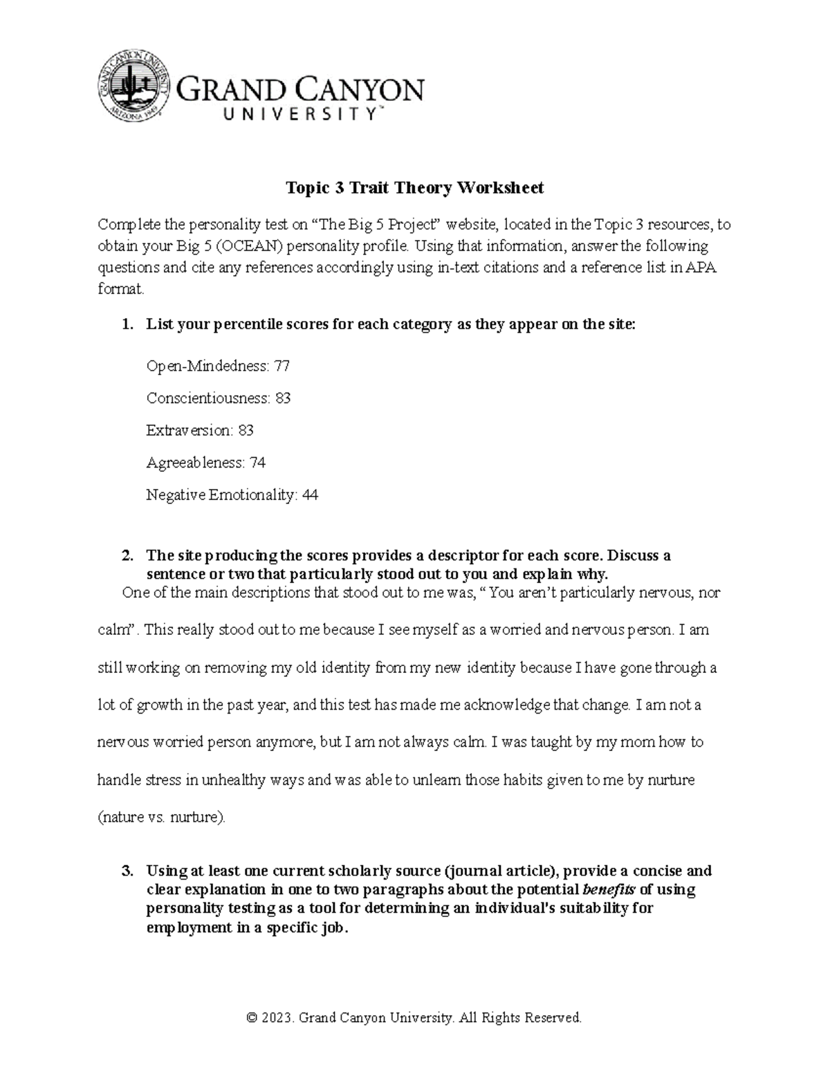 PSY 255 RS T3Trait Theory Worksheet - Topic 3 Trait Theory Worksheet ...