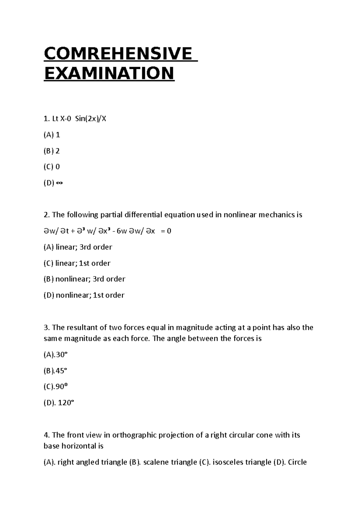 Comprehensive Examination - COMREHENSIVE EXAMINATION Lt X-0 Sin(2x)/X ...