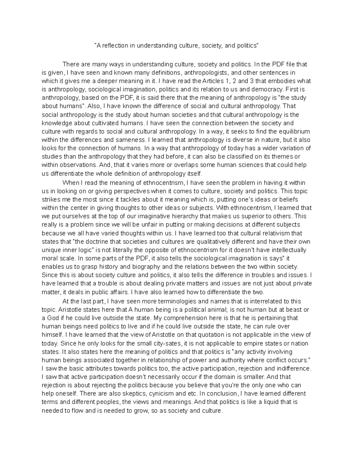 A reflection in understanding culture - In the PDF file that is given ...