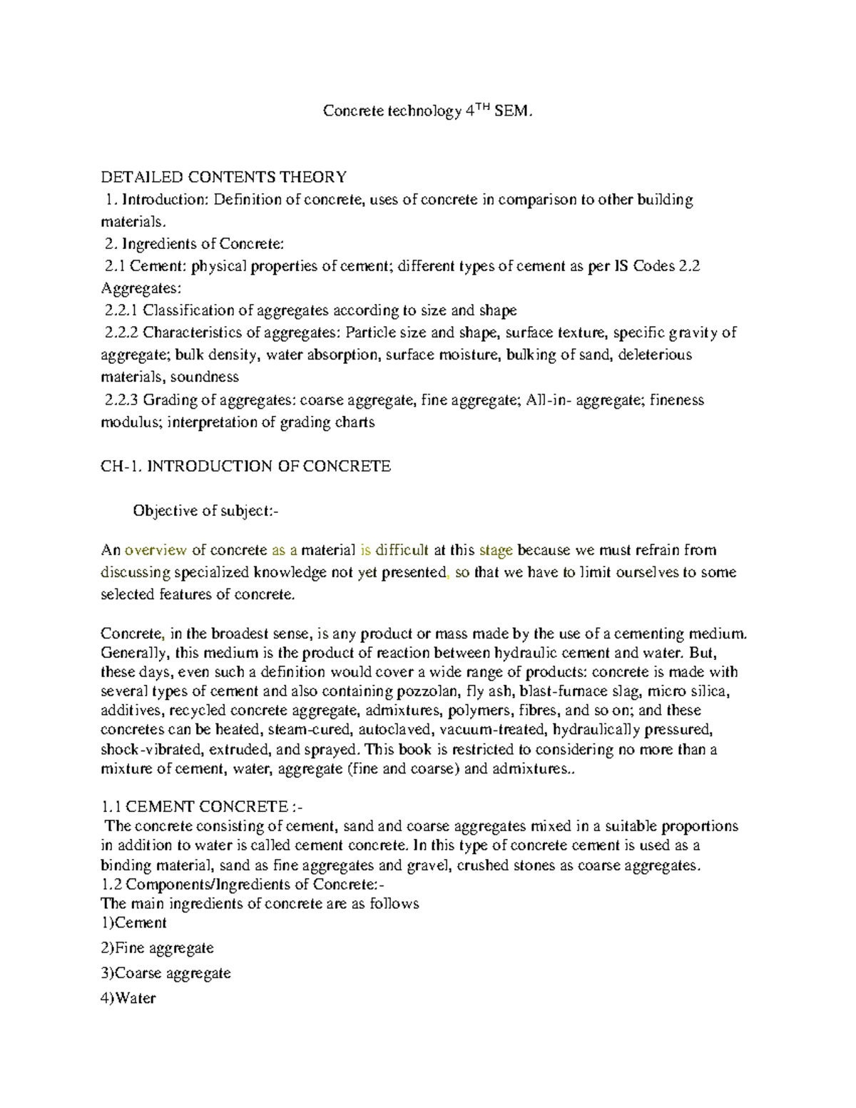 Concrete technology - Its lecture notes - Concrete technology 4TH SEM ...