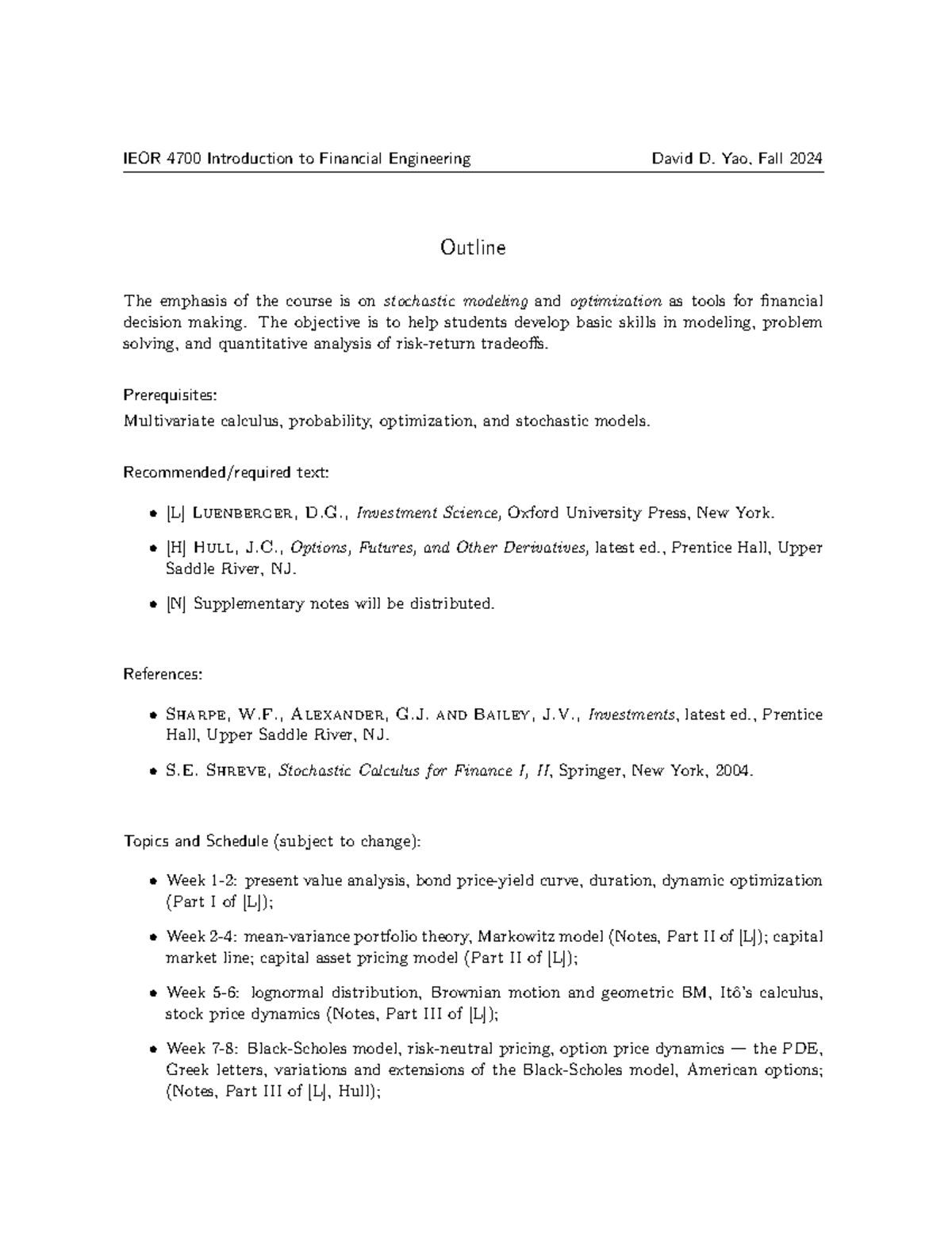 Intro to FE Syllabus - IEOR 4700 Introduction to Financial Engineering ...