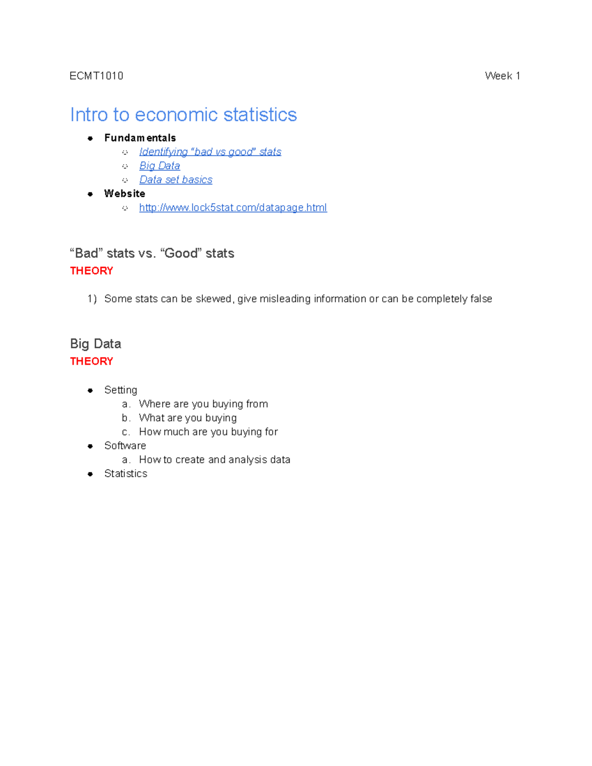 Introduction to ECMT - ECMT1010 Week 1 Intro to economic statistics ...