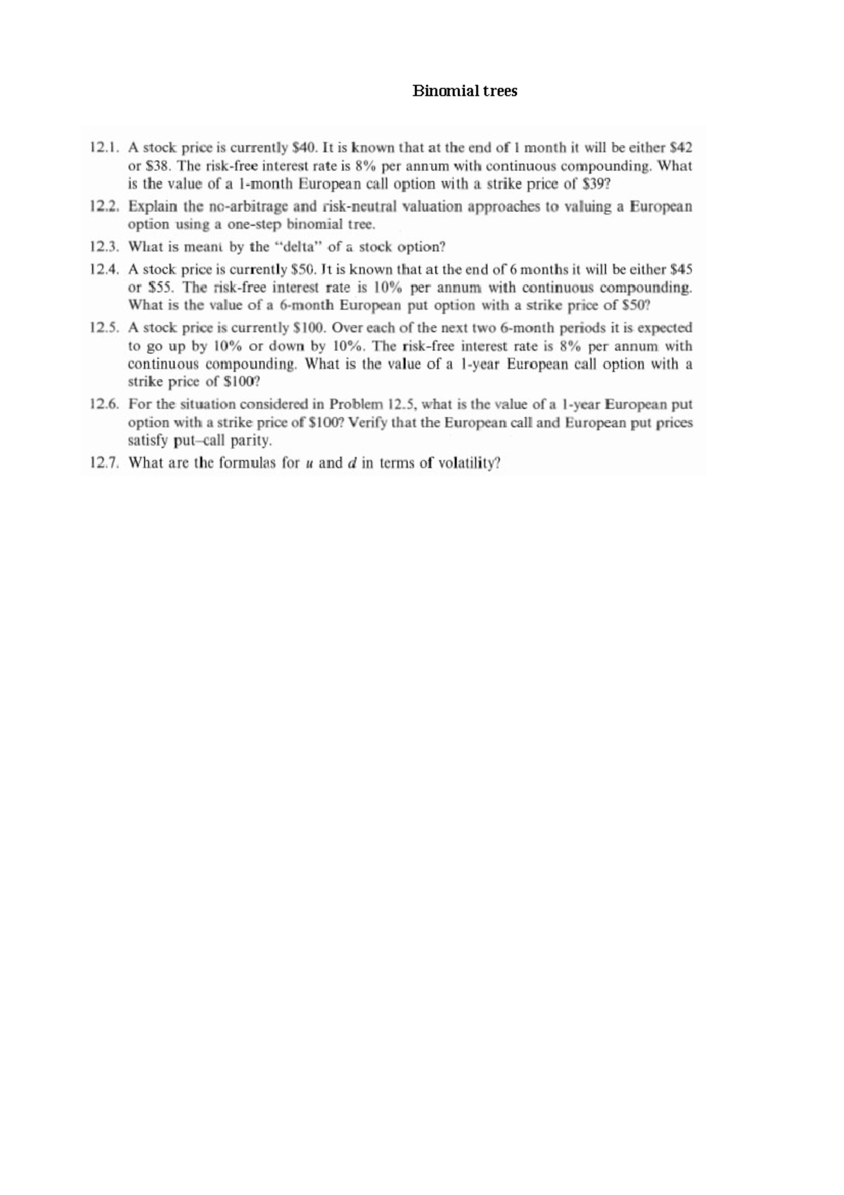 Problems 10. binomial trees - Finance - Binomial trees - Studocu