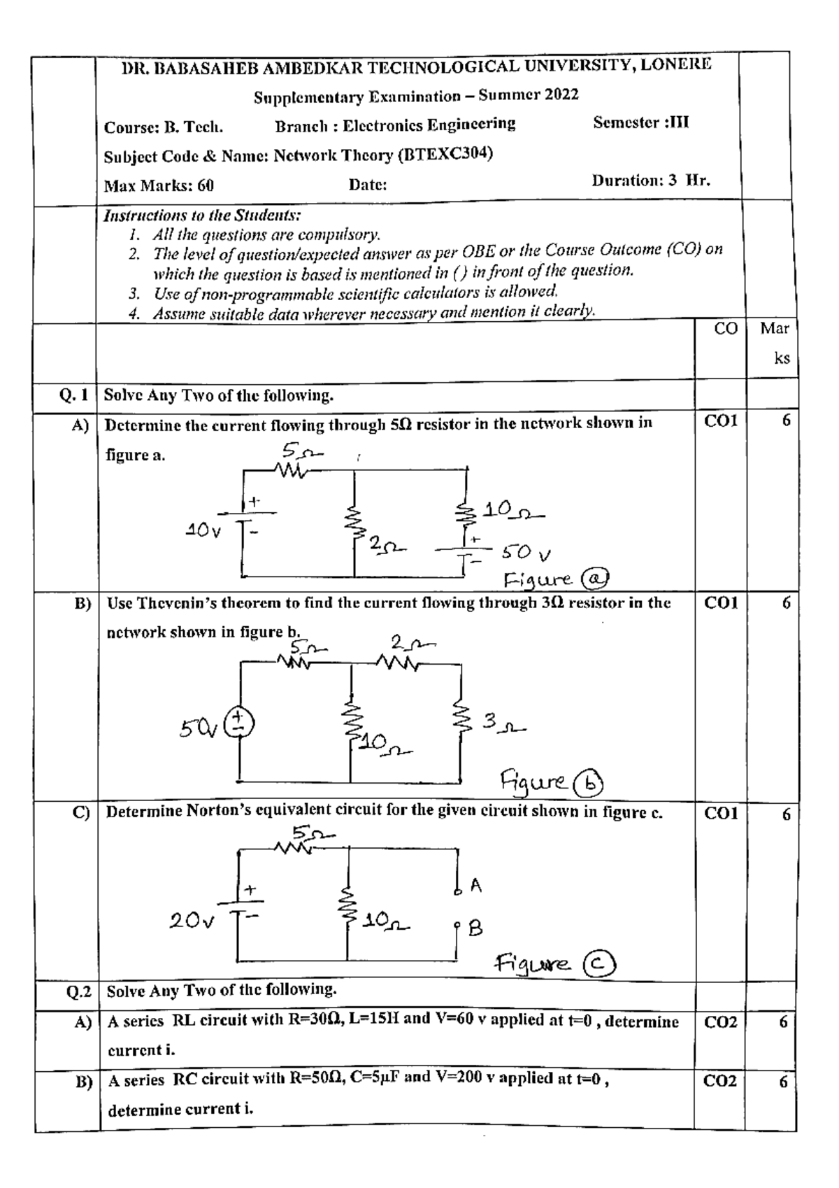 Btech-ee-3-sem-network-theory-btexc 304-summer-2022 - DR. BABASAHEB ...