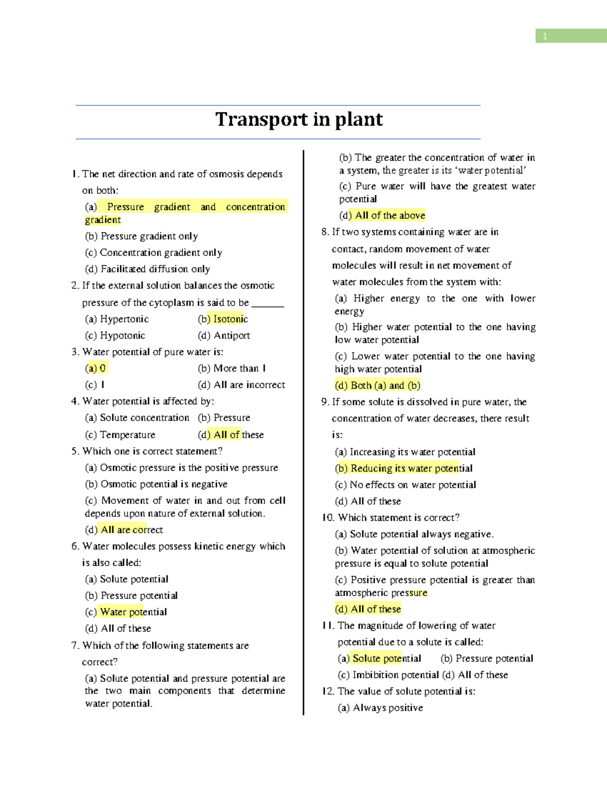 Transport in plant biology practice question with answer - The net ...