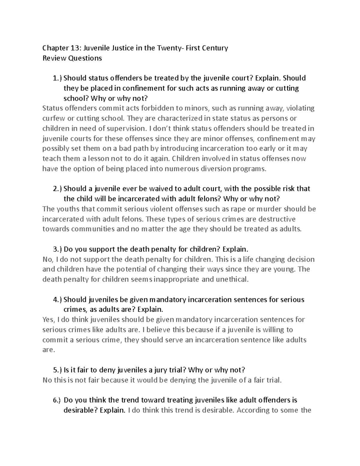 Chapter 13 intro to cj homework questions - Chapter 13: Juvenile ...