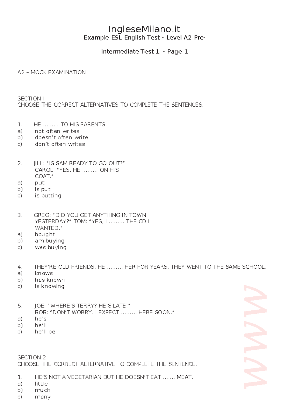 Examen de ingles preintermedio 1 - www Example ESL English Test - Level ...