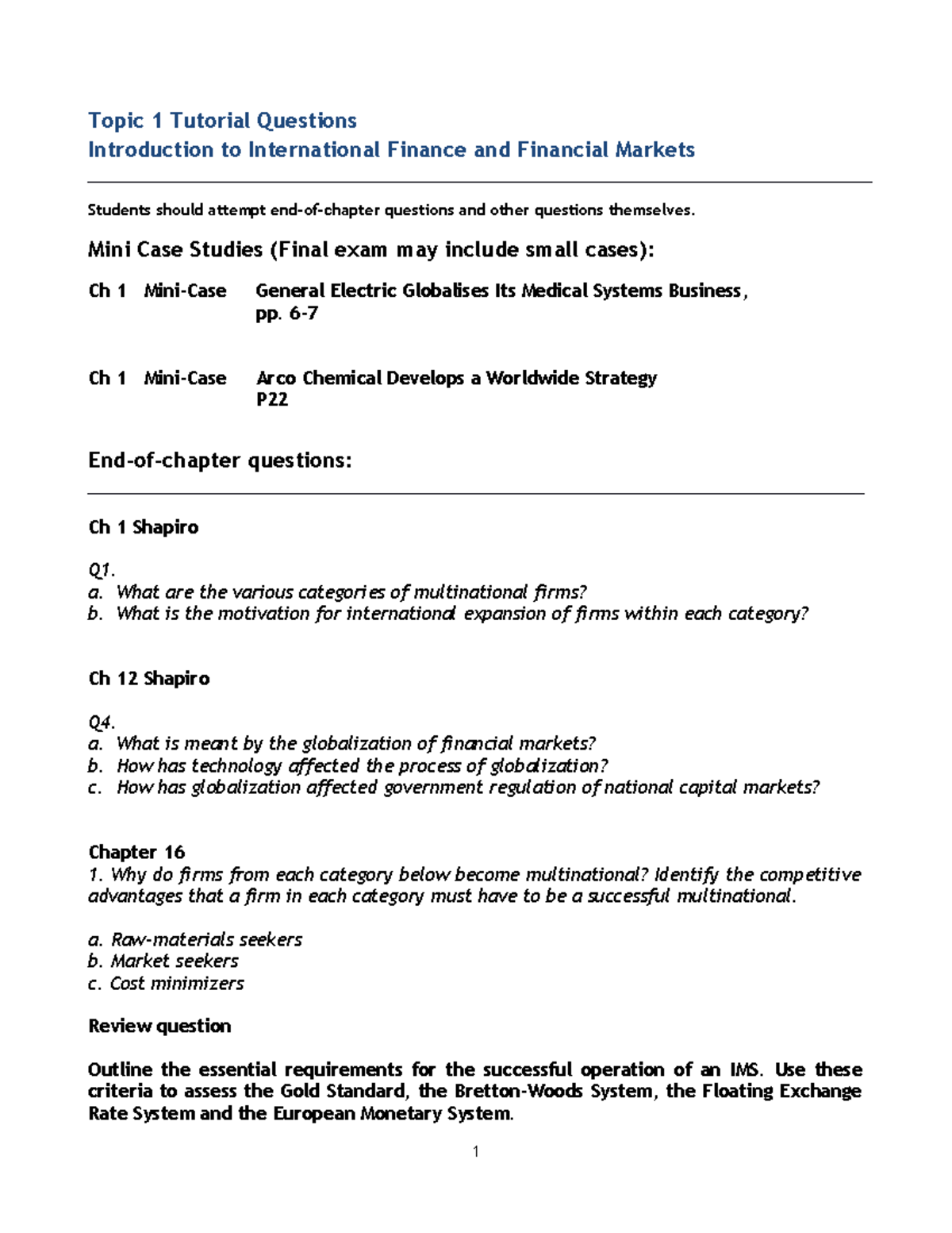 Topic 1 Seminar Questions - Topic 1 Tutorial Questions Introduction to ...