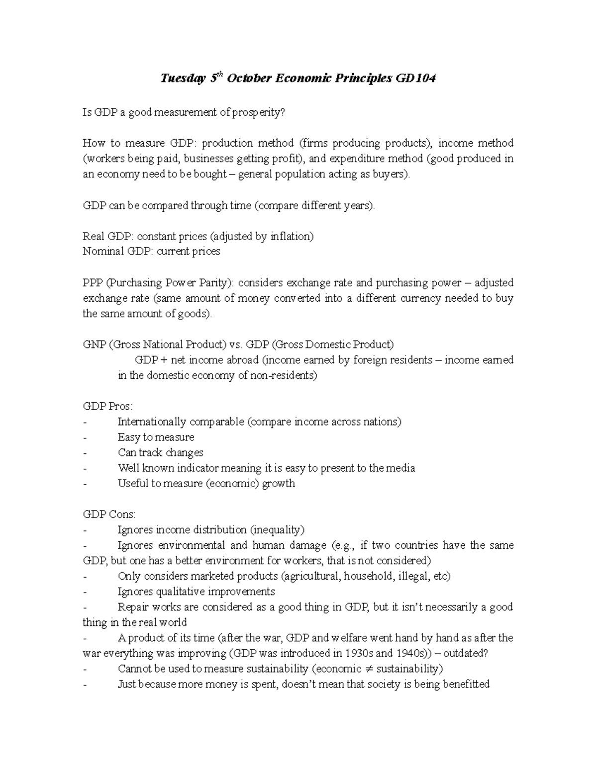 Seminar GDP Week 1 GD104 - Tuesday 5th October Economic Principles GD ...