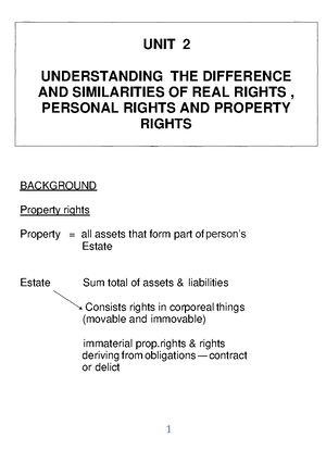 Unit 2 - notes - UNIT 2: property rights, real rights and personal ...