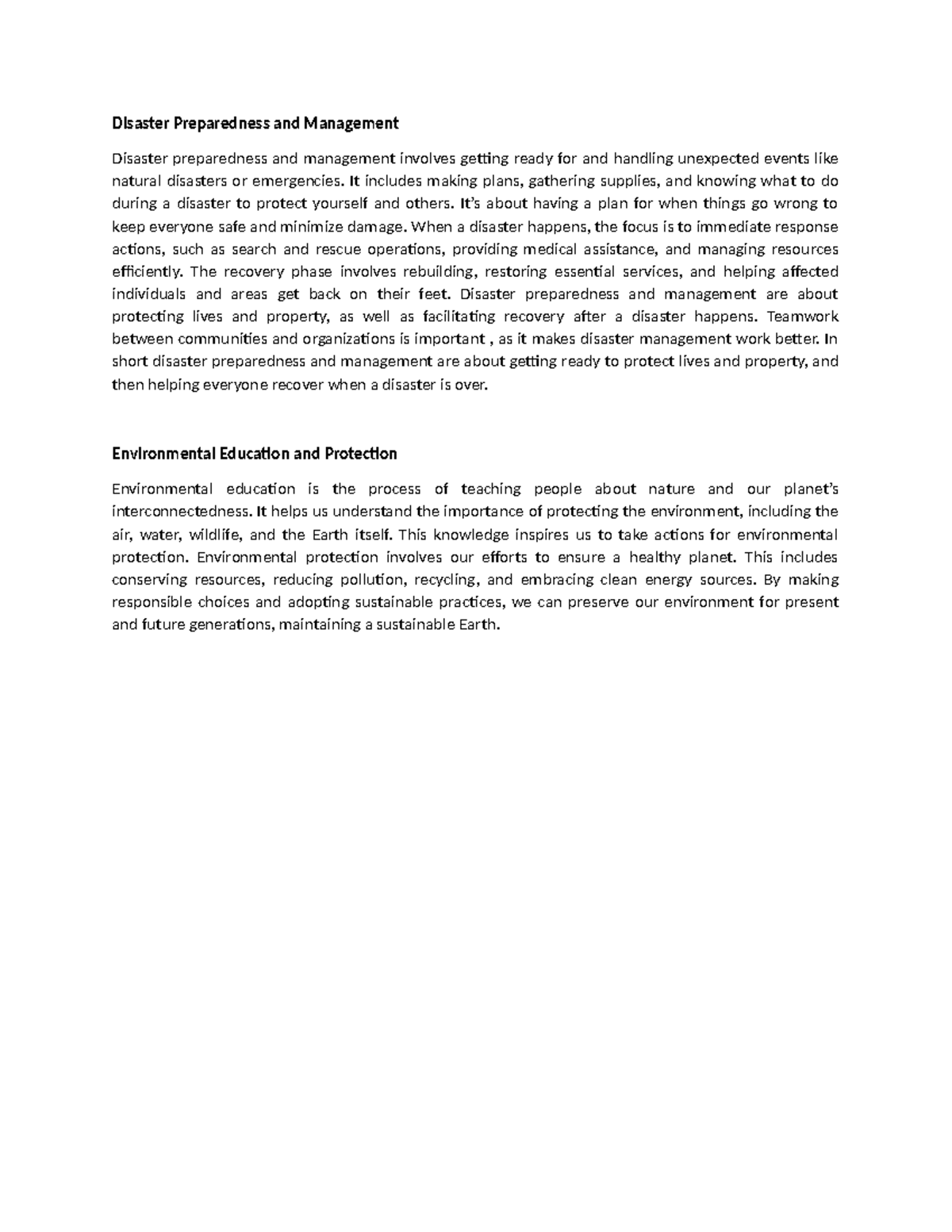 Document about disaster Preparedness and Management, environmental ...