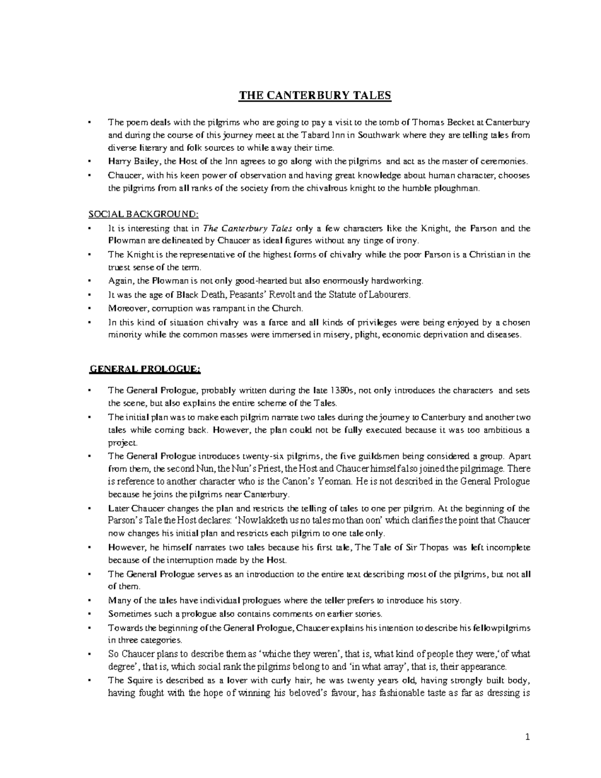 The Canterbury Tales - English Literature - 1 THE CANTERBURY TALES The ...