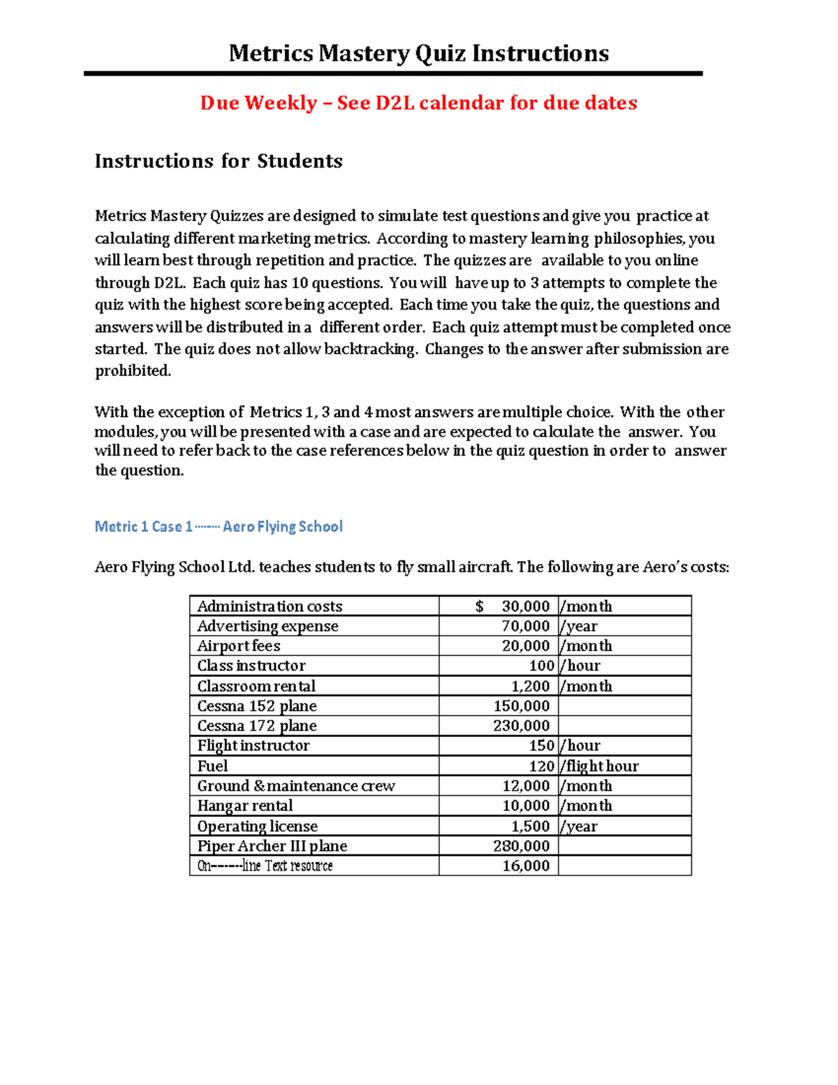 Metrics Mastery Quiz Instructions ...