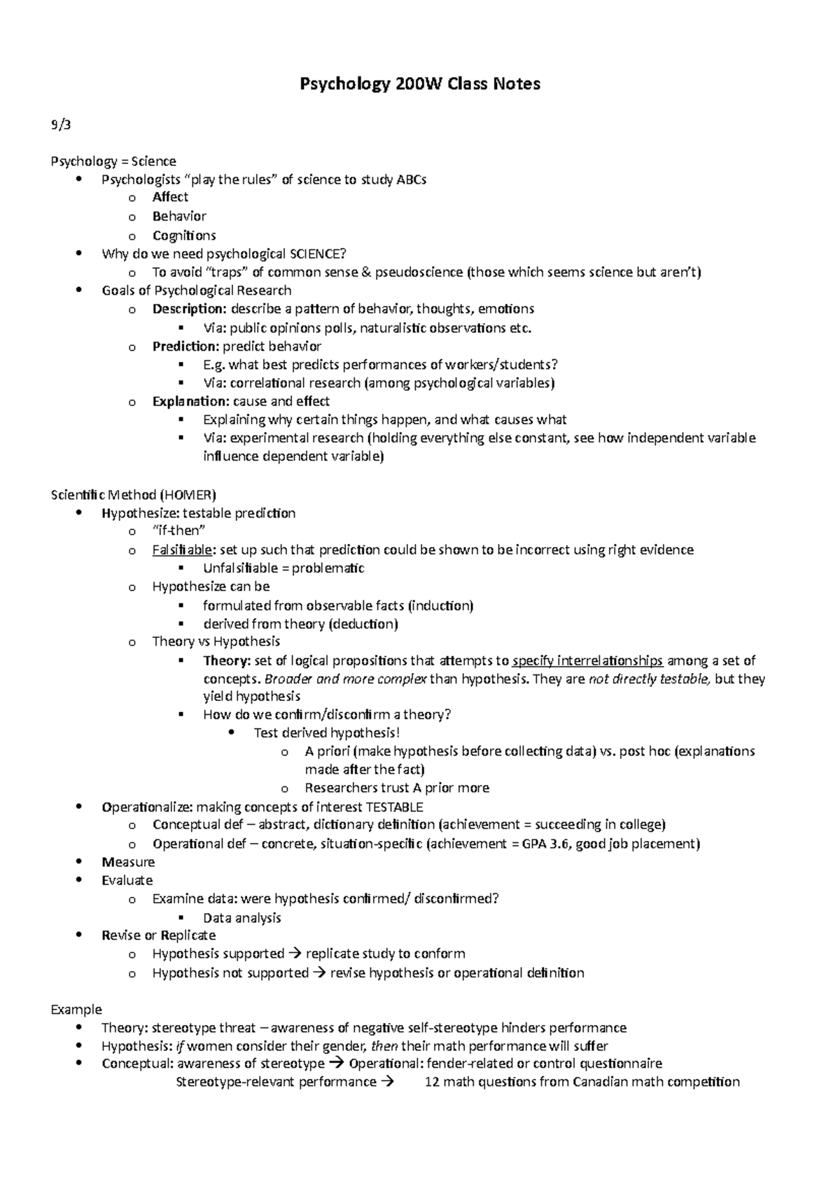 Psyc 200W Classnotes - Psychology 200W Class Notes 9/ Psychology ...