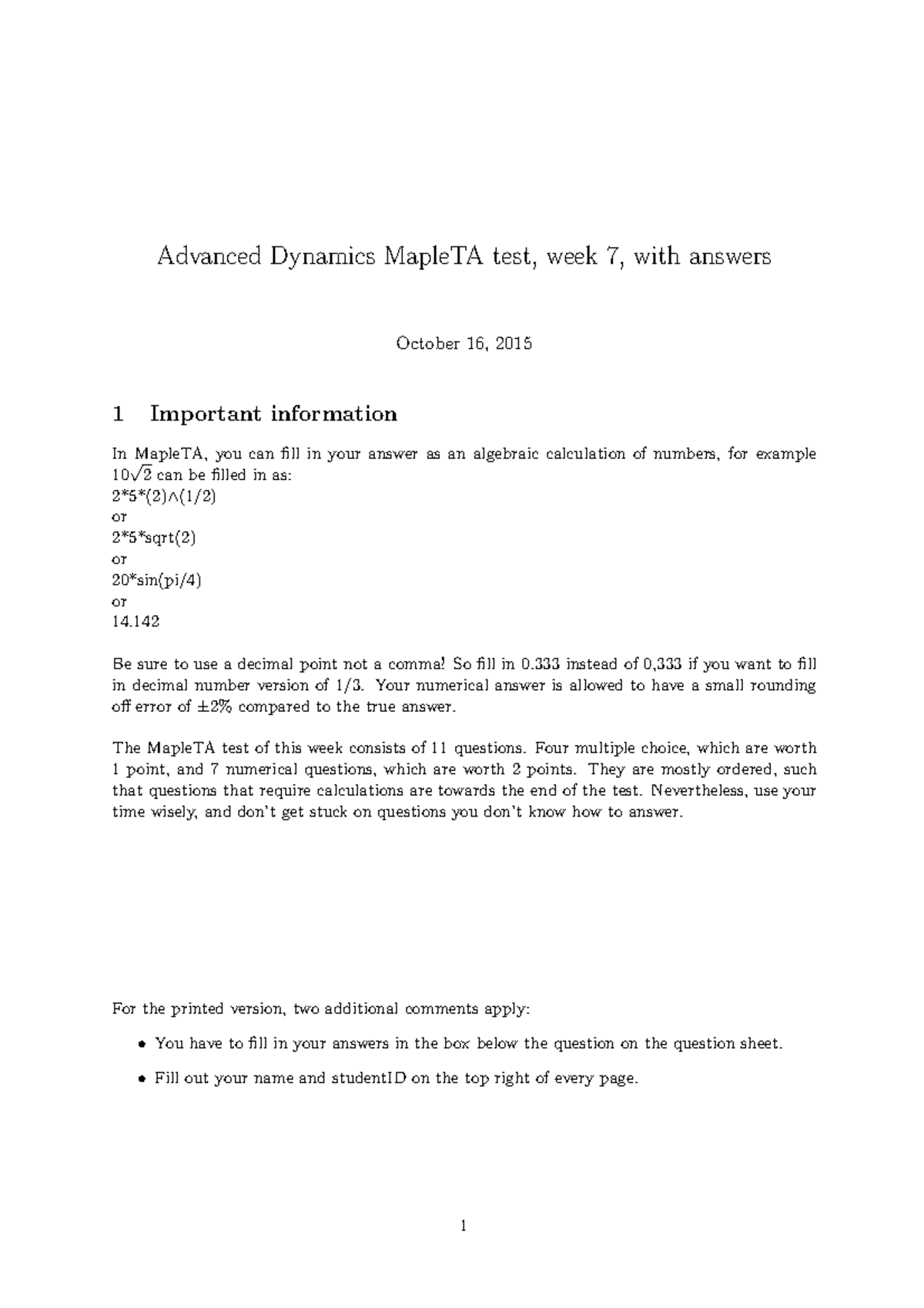 Sample/practice exam 12 October 2015, questions and answers - Advanced ...