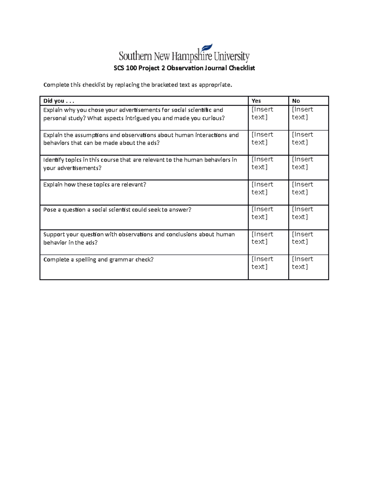 SCS 100 Project 2 Observation Journal Checklist - SCS 100 Project 2 ...