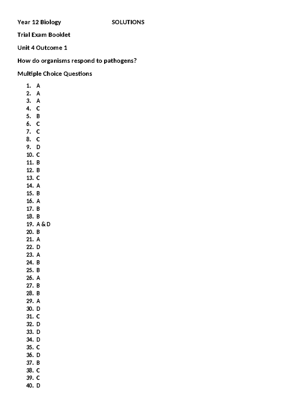 Year 12 Exam Booklet 2024 Pathogens & Immunity Solutions - Year 12 ...
