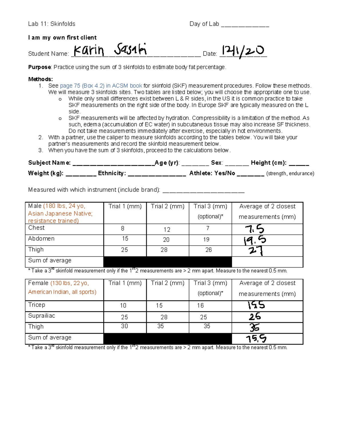 Lab 11 - Lab report 11 for KRS 354 - Lab 11: Skinfolds Day of Lab ...