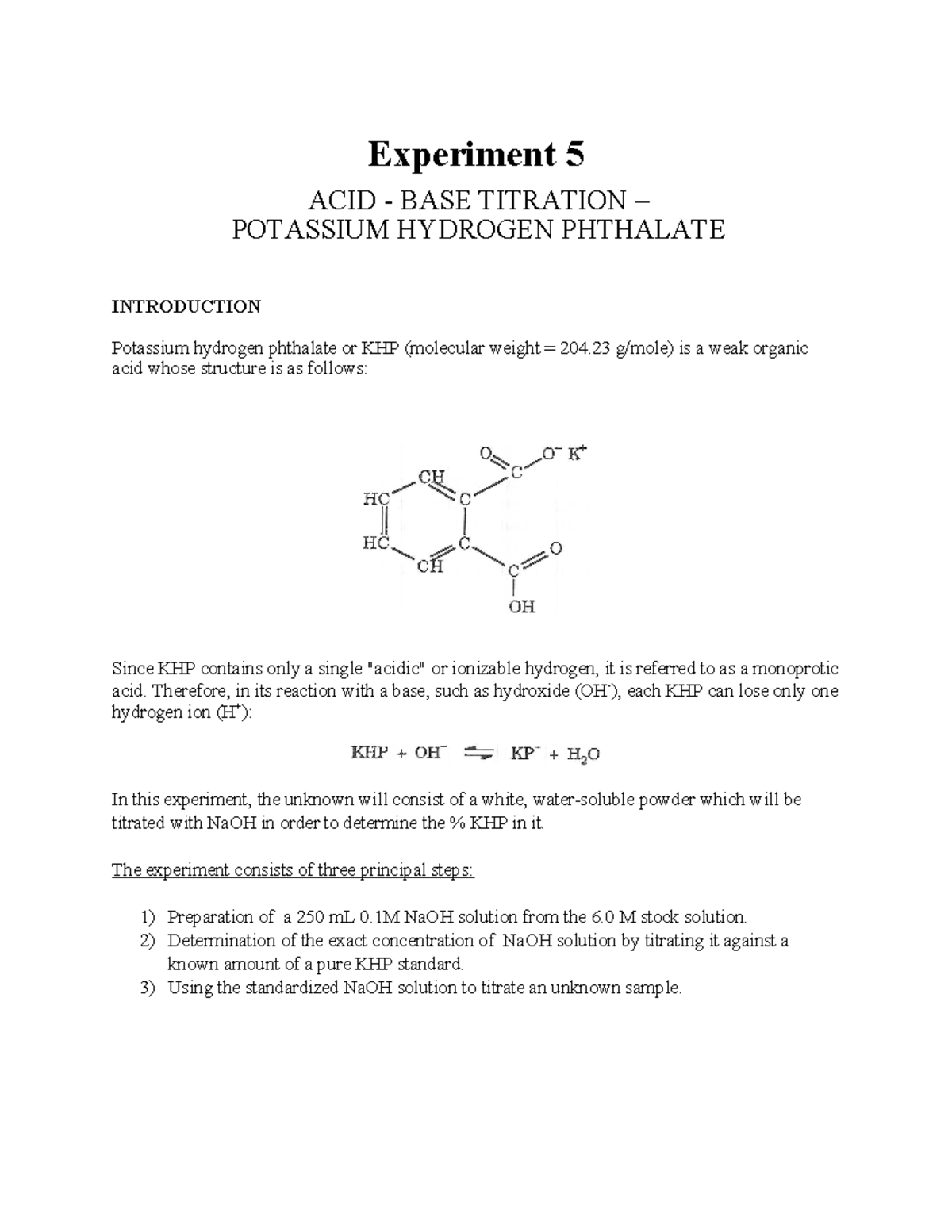 Chem 207 Exp 5 - Experiment 5 lab - Experiment 5 ACID - BASE TITRATION – POTASSIUM HYDROGEN ...