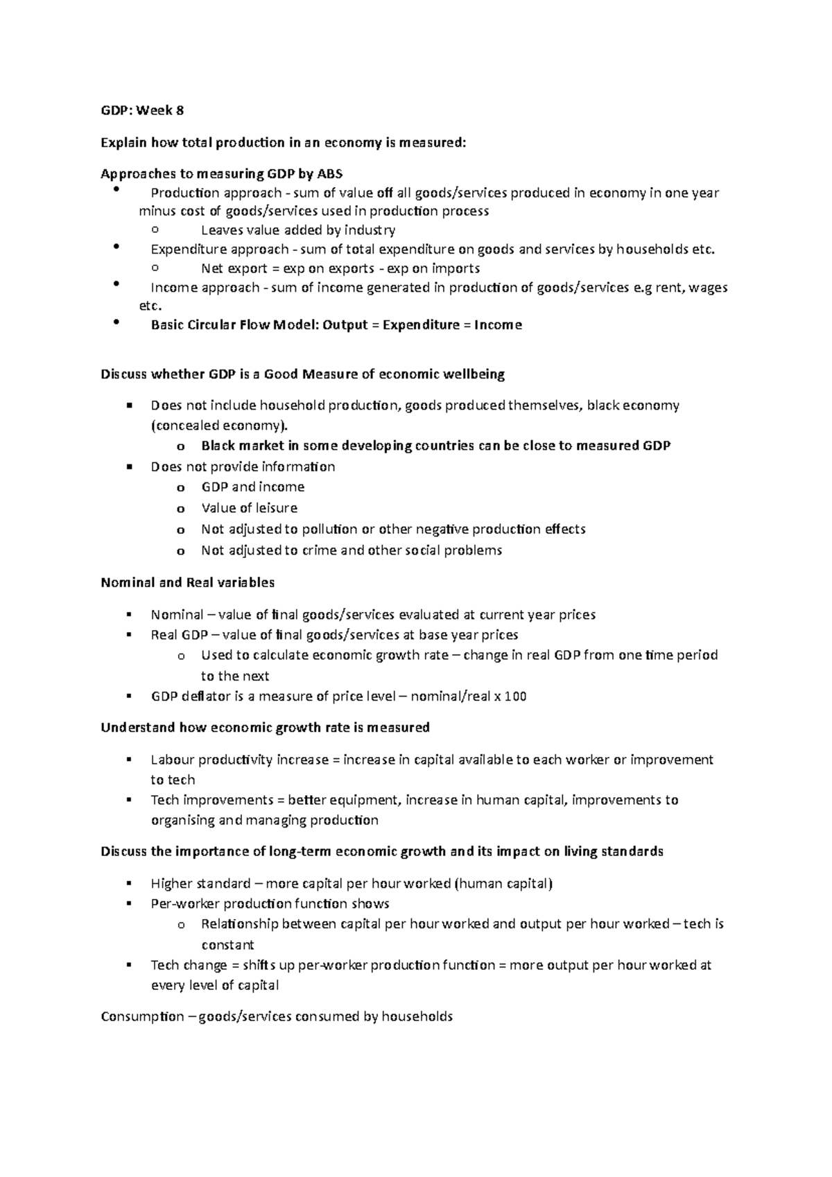 Exam notes - GDP: Week 8 Explain how total production in an economy is ...