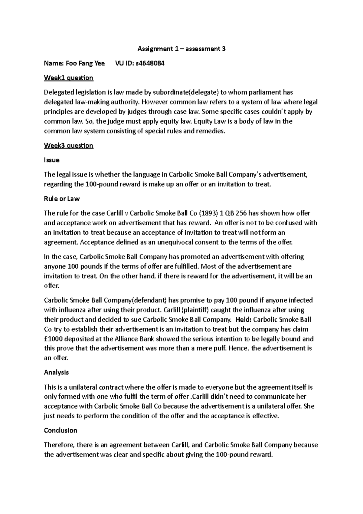 Assessment 3Business Law - Assignment 1 – assessment 3 Name: Foo Fang ...