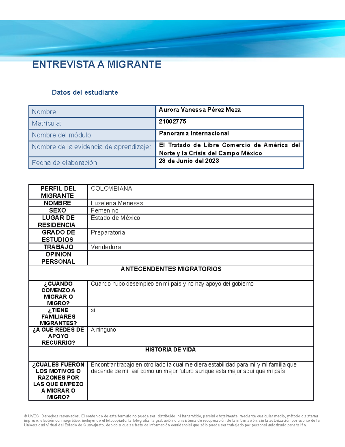 Entrevista a Inmigrante - ENTREVISTA A MIGRANTE Datos del estudiante ...