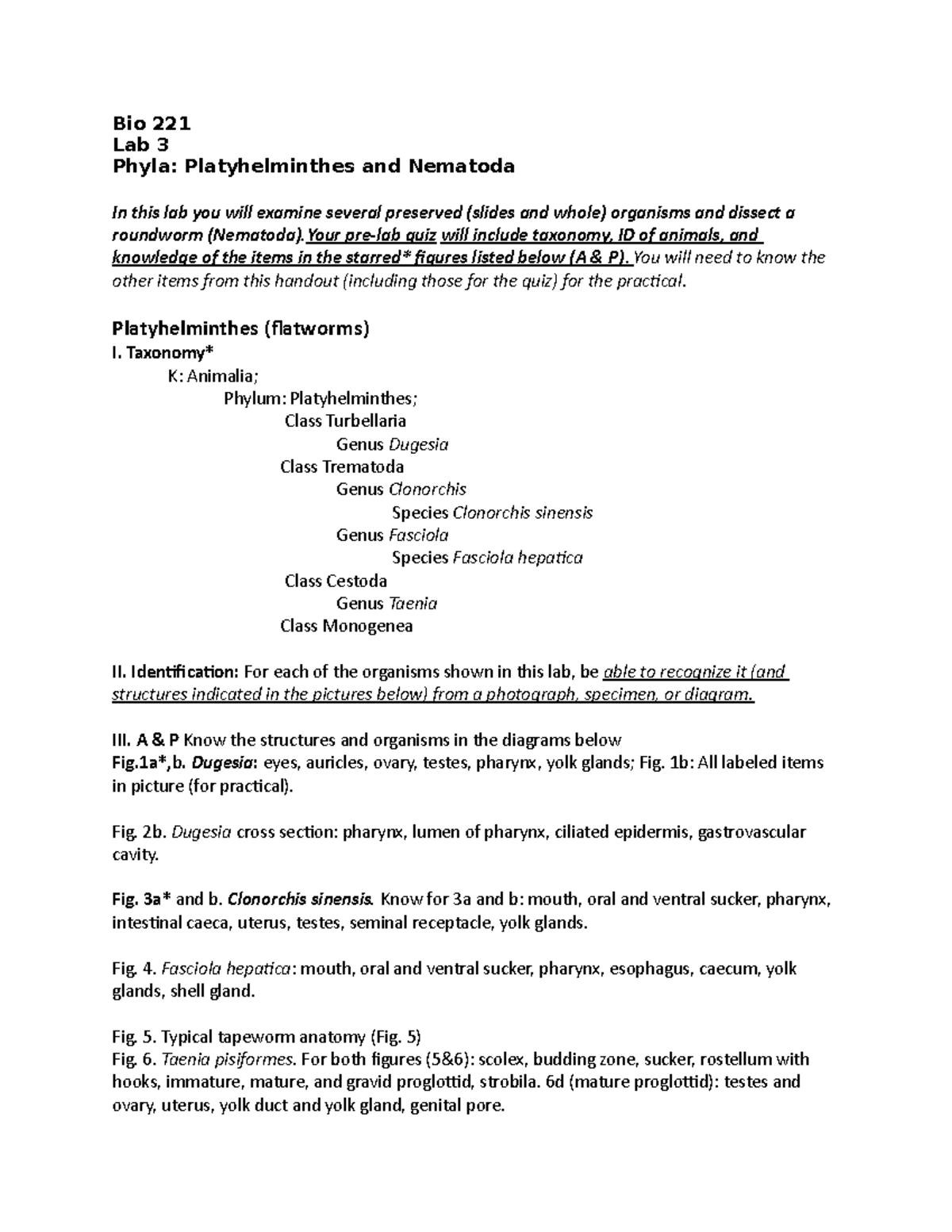 Zoology lab handout 3-1 (2022) - Bio 221 Lab 3 Phyla: Platyhelminthes ...