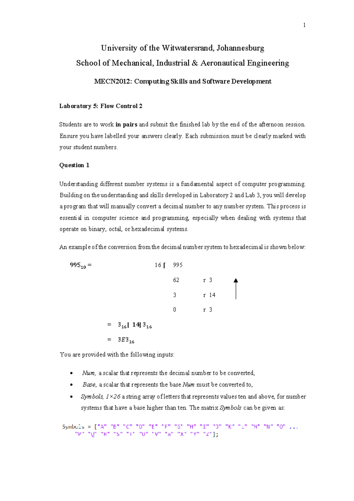 Laboratory 5 Flow Control - 1 University of the Witwatersrand ...